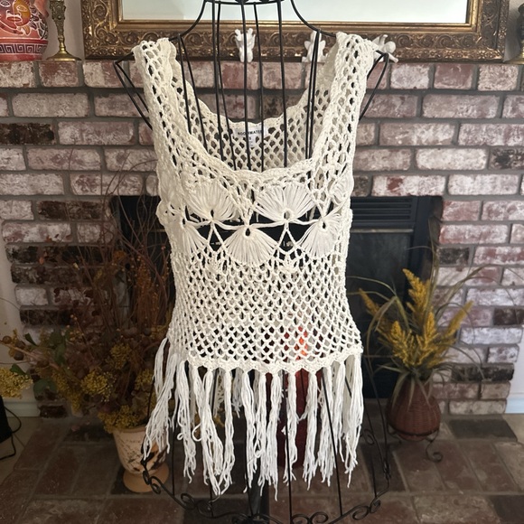 Tops | Cream Crochet Macrame Boho Beach Cover Up Tank Top | Poshmark